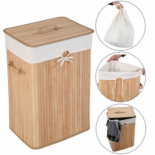 Costway Rectangle Bamboo Hamper Laundry Basket Washing Cloth Bin ...