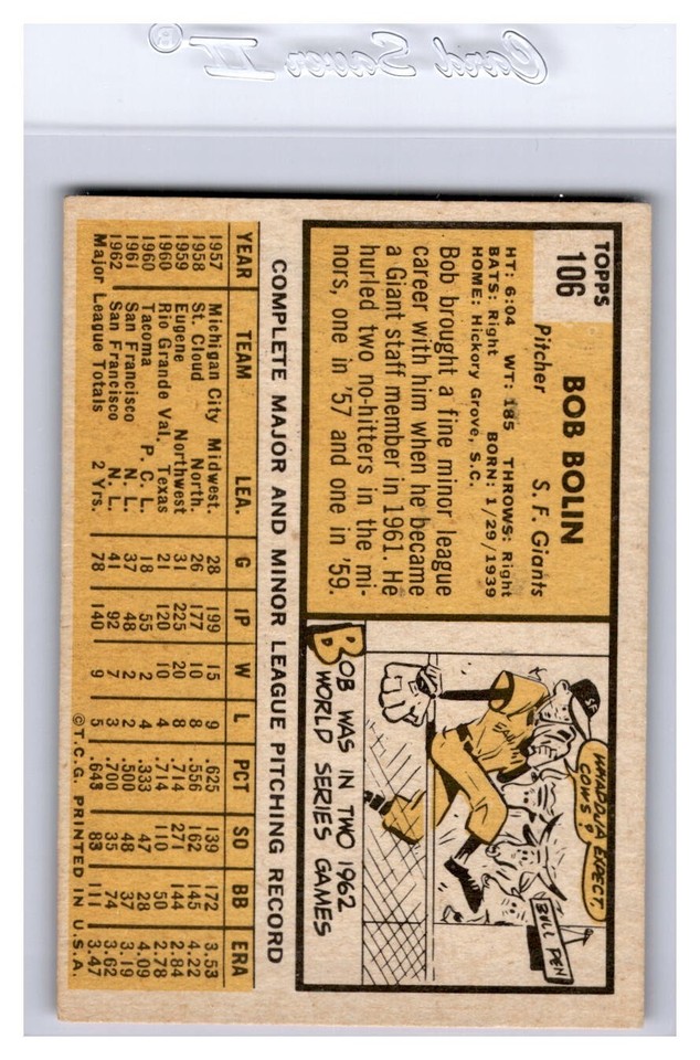 1963 Topps #106 Bob Bolin - SF Giants | eBay