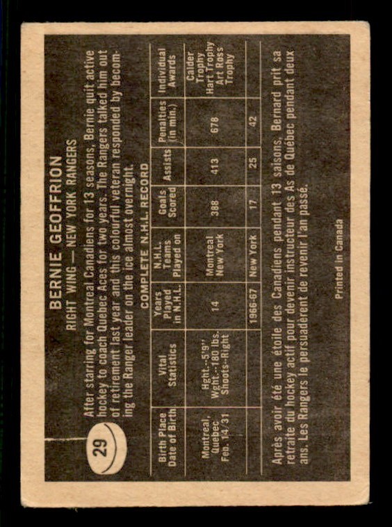1967-68 Topps #29 Bernie Boom Boom Geoffrion Rangers HOF VG-EX (No ...