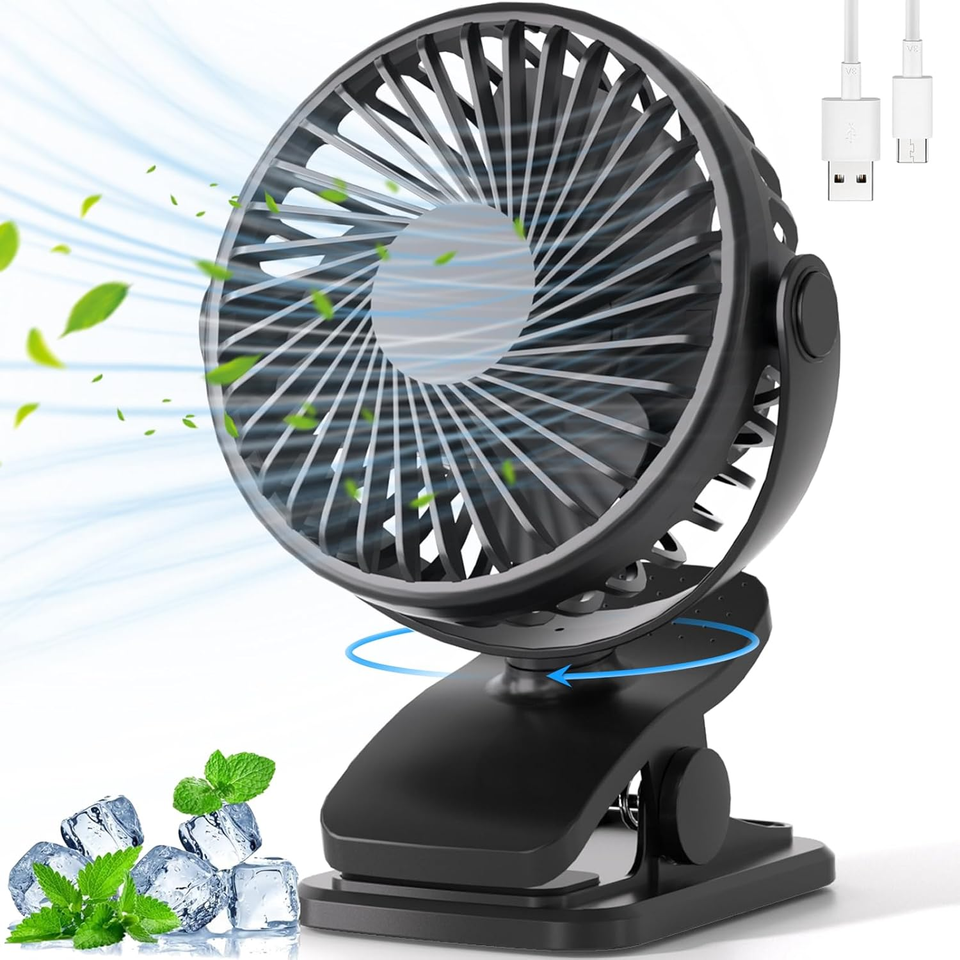 Portable Clip-On Fan, 360° Rotating, Battery Operated, USB Rechargeable ...