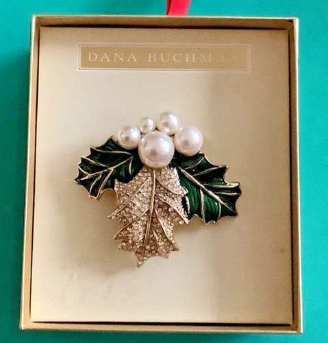 Dana Bachman Holiday Holly Brooch Rhinestone and Faux Pearls Gold Tone ...
