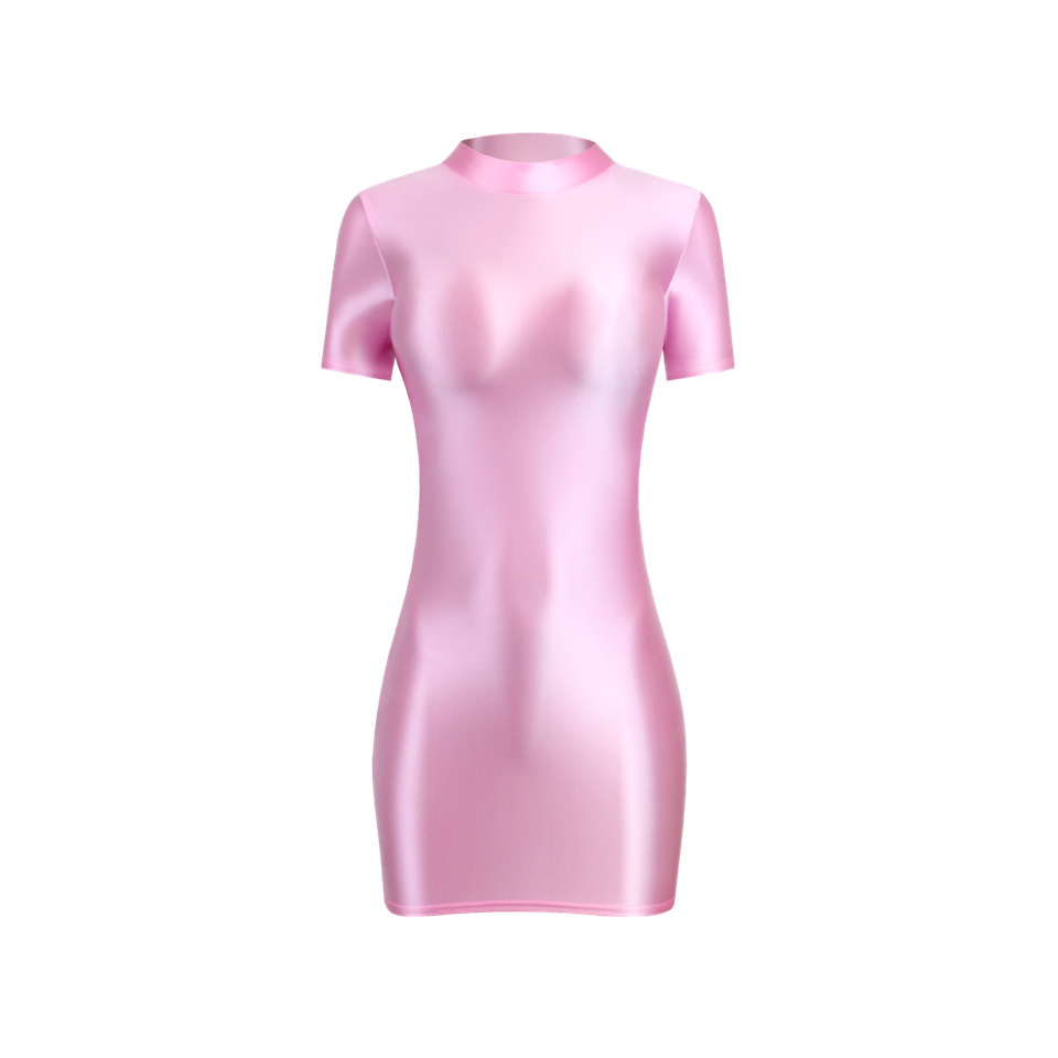 Women's Sexy Oil Smooth Glossy Dresses High Neck Short Sleeve Sports ...