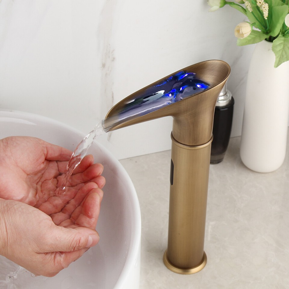 Black/Chrome Touchless LED Bathroom Sink Sensor Faucet Waterfall Spout ...