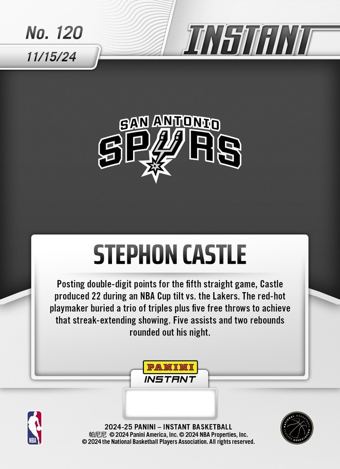 2024-25 Panini Instant Stephon Castle ROOKIE CARD 1/164 SP Spurs #120 ...