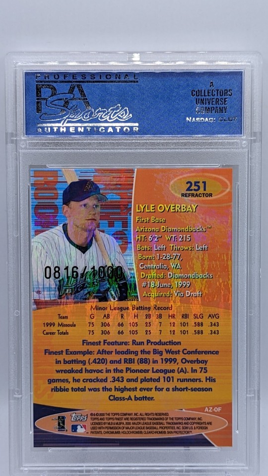 2000 Topps Finest Refractor #251 Lyle Overbay Diamondbacks /1000 PSA 9 ...