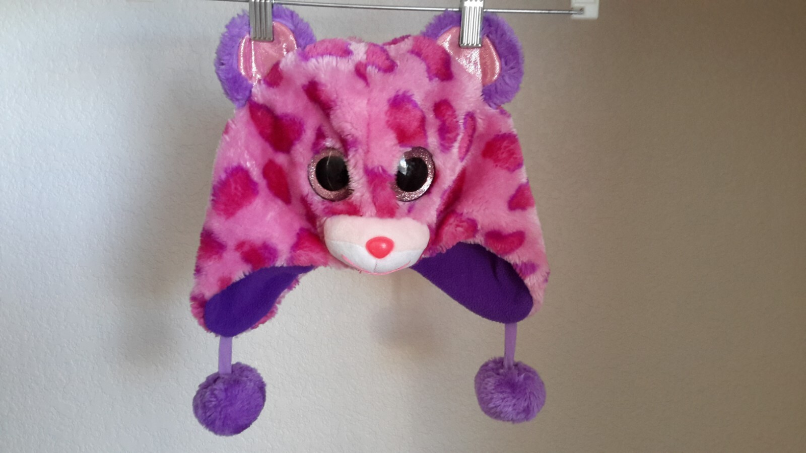 TY Girls Pink/Leopard/Purple Winter Hat One Size Pom Pom Pre-owned | eBay