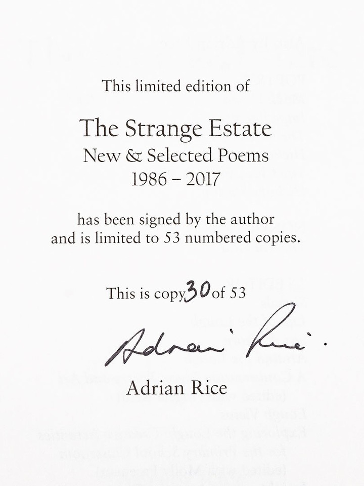 ADRIAN RICE / Strange Estate New and Selected Poems 1986-2017 Limited ...