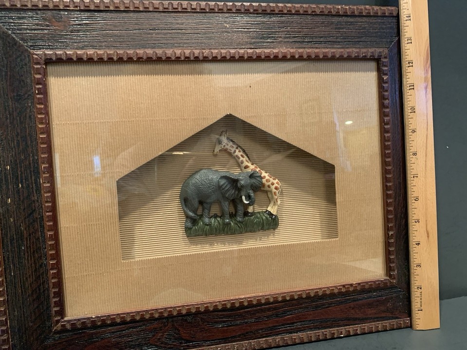 Wood Framed 3D Sculpted Elephant & Giraffe Shadow Box Art Wall Hanging ...