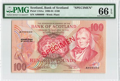 SCOTLAND 100 Pounds 1992, P-118As SPECIMEN Bank of Scotland, PMG 66 EPQ ...