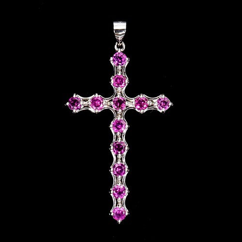 925 Sterling Silver Pendant Round Rhodolite Garnet 3.5mm Cross Gemstone ...