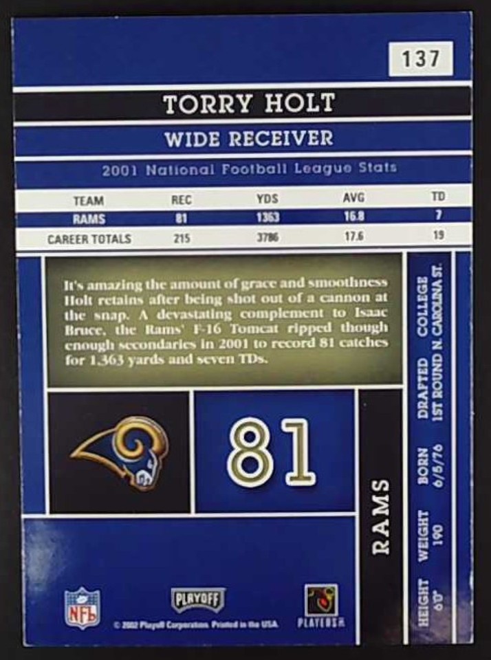 Torry Holt 2002 Playoff Absolute Memorabilia Card #137 NFL St. Louis ...