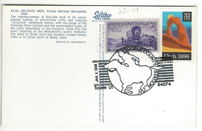 DELICATE ARCH Postcard/Stamp, BEAVER COUNTY Utah Centennial Station ...