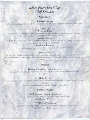 Baker Peters Jazz Club Chef Features Menu Kingston Pike Knoxville ...