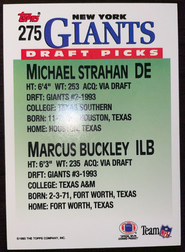 1993 Topps Football Michael Strahan Rookie Card #275 RC HOF New York ...