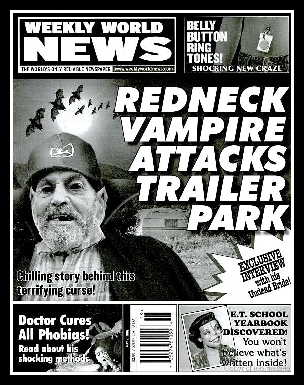 4.75" Funny tabloid vinyl sticker. "Redneck Vampire Attacks Trailer ...