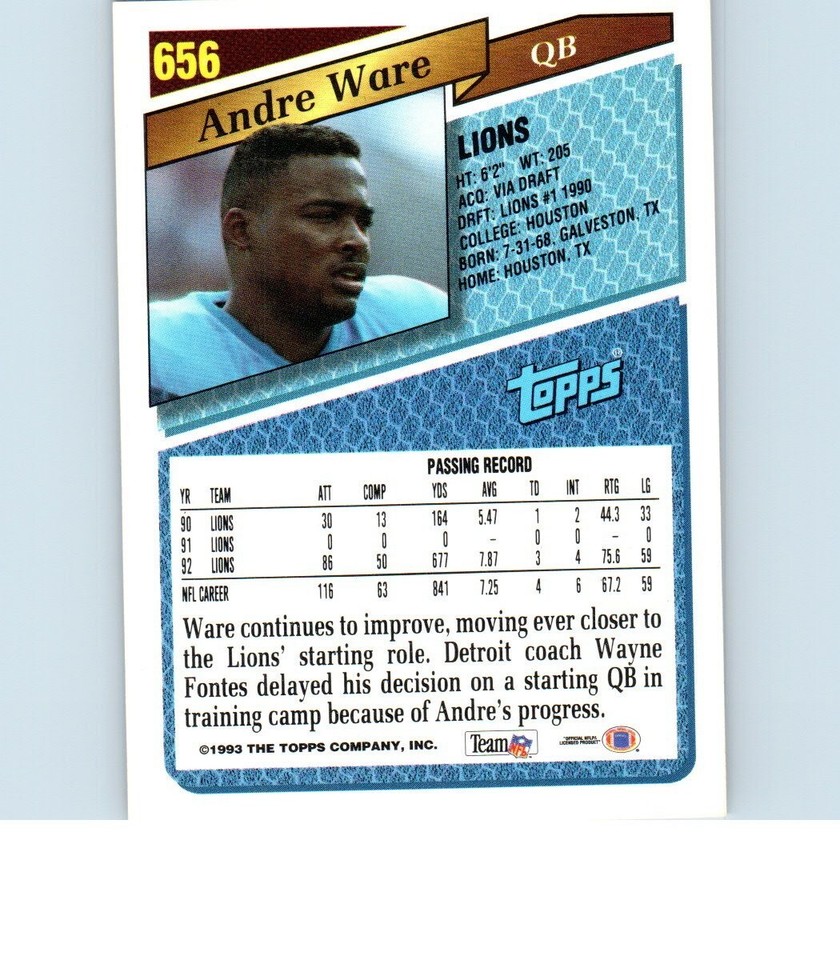 Andre Ware 656 Lions 1993 Topps Football Trading Card | eBay