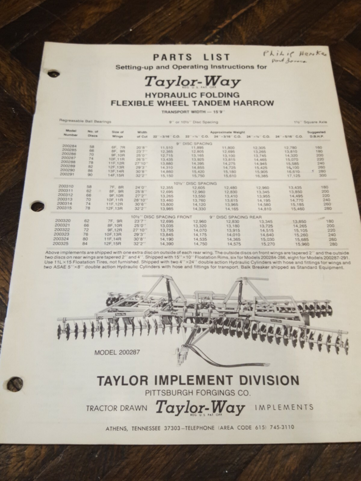 Taylor Way Parts Manual Catalog Operators Hydraulic Fold Flexible Wheel ...