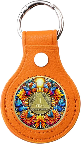 Leather Keychain Sobriety AA Coins Chips Keychain Bronze Waterproof ...