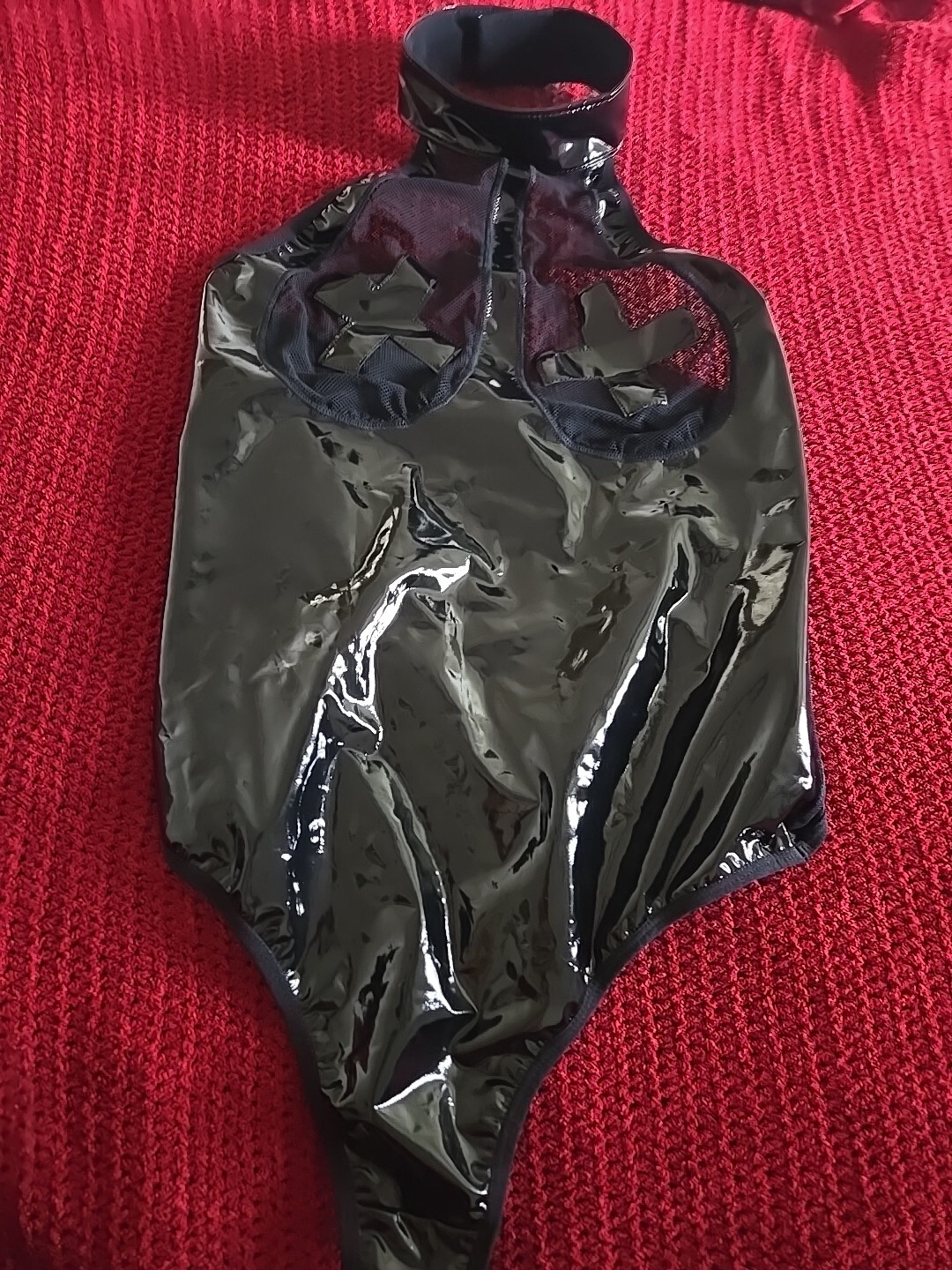 PVC Pu Vinyl Black Halter Bodysuit Bustier Sexy Open Cup Mesh Fetish ...