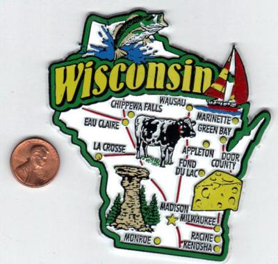 WISCONSIN STATE JUMBO MAP MAGNET 7 COLOR MADISON MILWAUKEE GREEN BAY ...