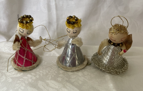 3 Vtg Putz Christmas Angels Spun Cotton Foil Mesh Mercury Glass Japan ...