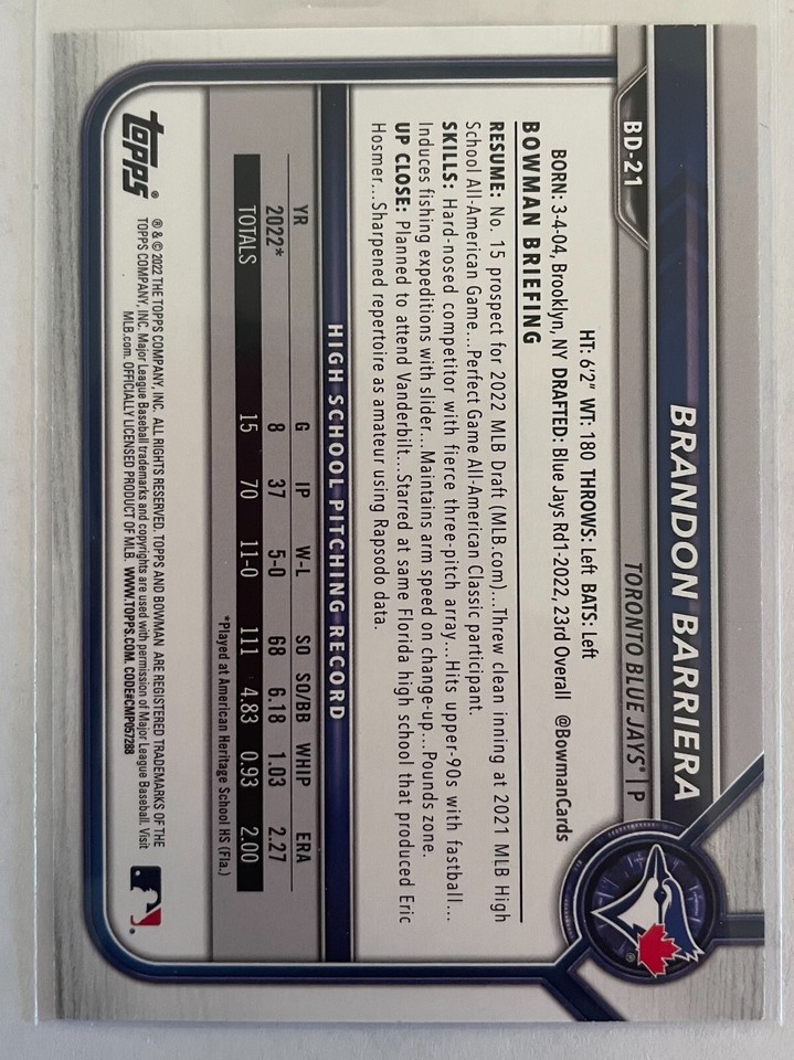 BRANDON BARRIERA 2022 Bowman Draft Blue 133/150 Toronto Blue Jays 1st ...