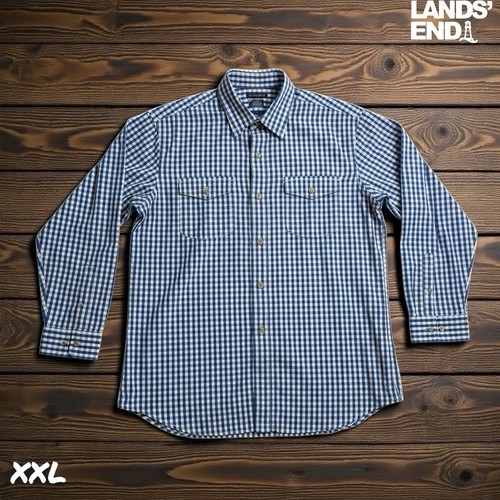 Lands’ End Shirt XXL Blue Gingham Button Down Long Sleeve Cotton Mens ...