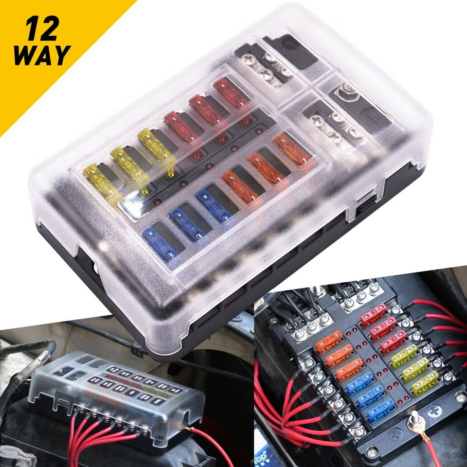 12-Way Blade Fuse Box Block Holder 12V-32V LED Indicator Auto Marine ...