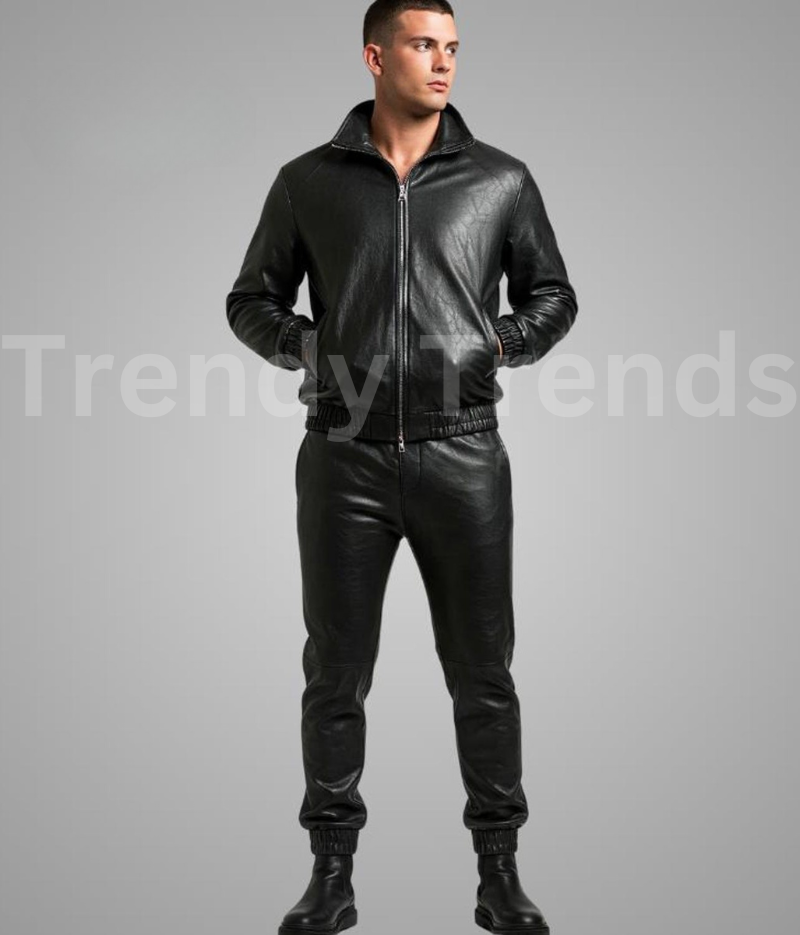 Aesthetic ALL BLACK Men's Genuine Lambskin Leather Tracksuit Workout ...