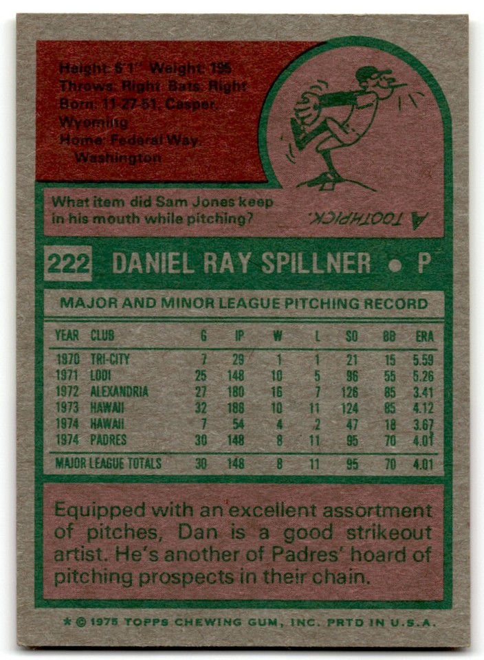 1975 Topps Dan Spillner Rookie San Diego Padres #222 | eBay