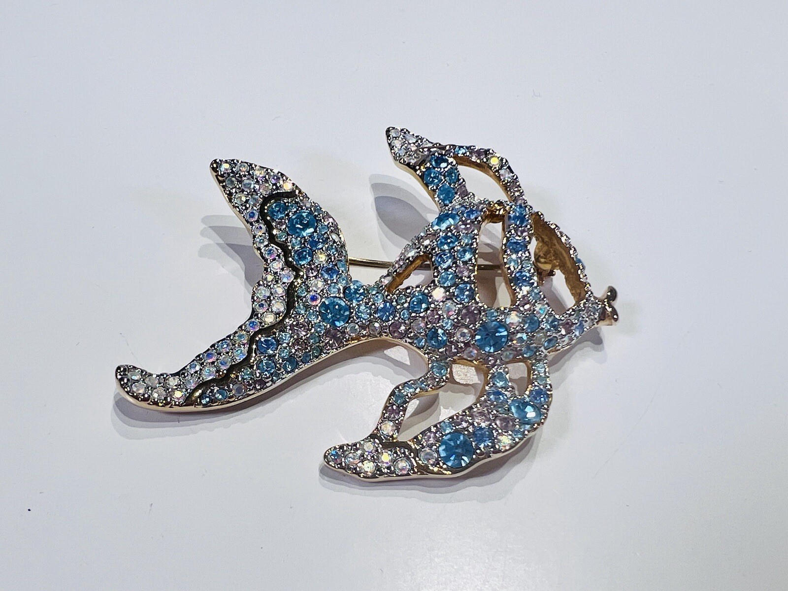 Swarovski Gold Plated Blue Crystal Fish Brooch - Gem