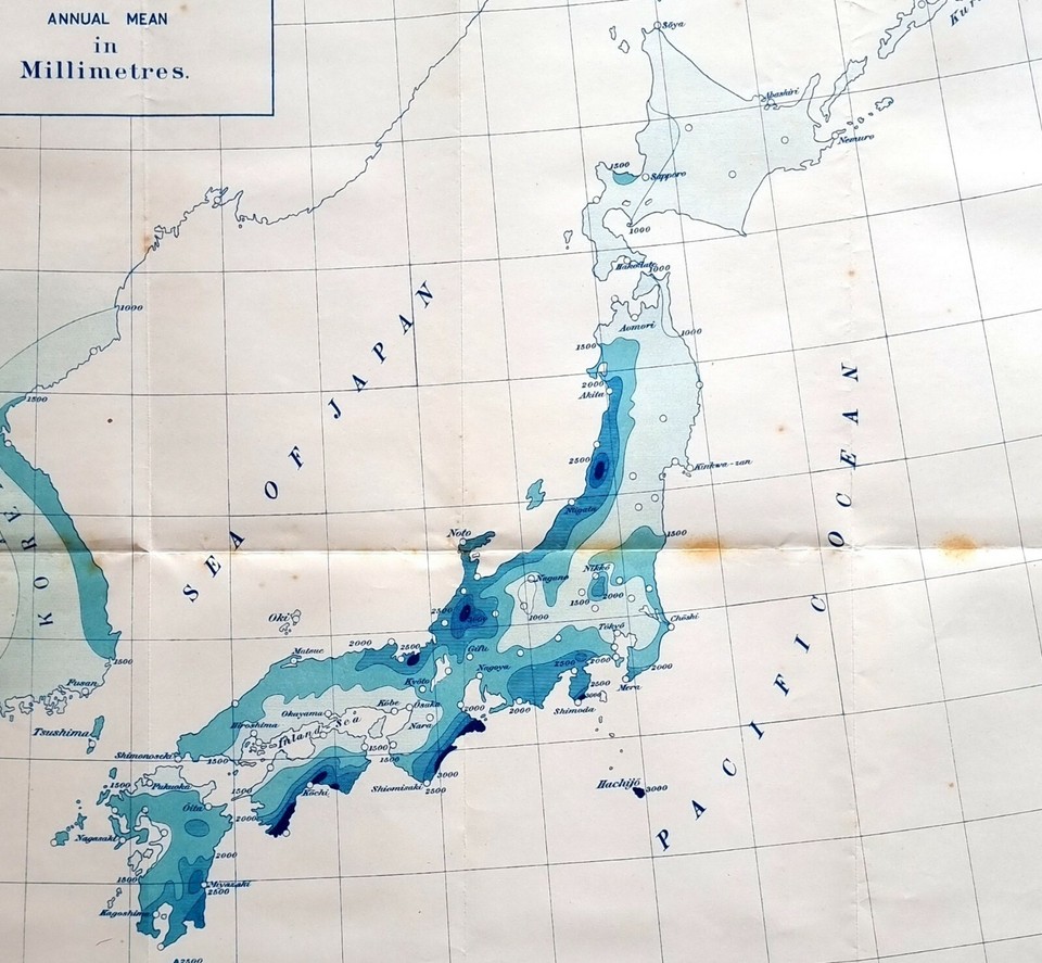 1913 JAPAN JAPANESE TOURIST MAP RAINFALL IN JAPAN FORMOSA INLAND NARA ...
