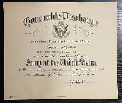 1961 US Army Honorable Discharge Certificate Armor Pvt Edwin Parks DD ...
