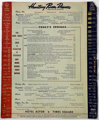 1944 Vintage WWII War Era Menu HOTEL ASTOR Times Square HUNTING ROOM ...