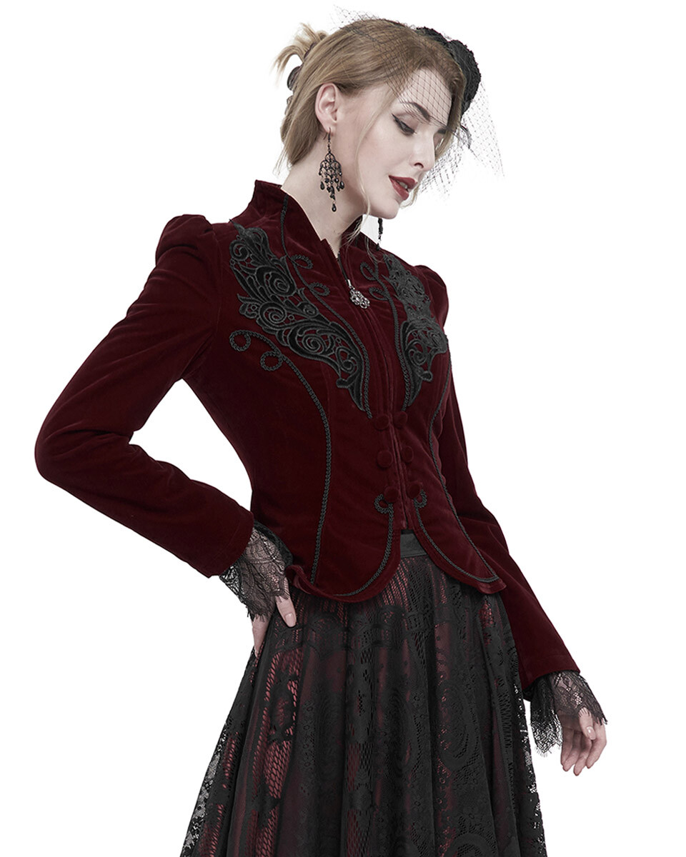 Devil Fashion Gothic Riding Jacket Red Velvet Black Lace Steampunk ...