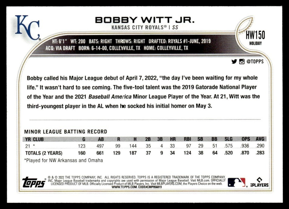 2022 Topps Holiday Candy Cane Bat Bobby Witt Jr. #HW150 | eBay