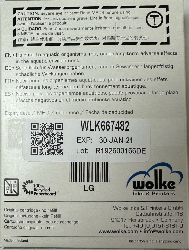 Wolke UB7482 Universal Black Videojet HP 2531 Ink Cartridge | eBay