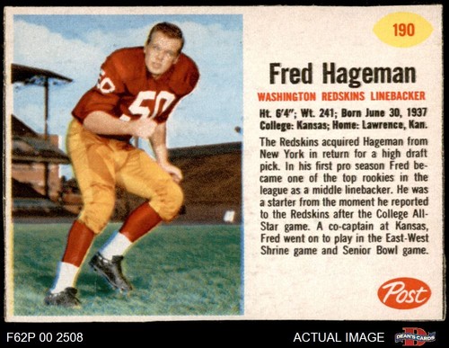 1962 Post Cereal #190 Fred Hageman Redskins Arkansas 3 - VG F62P 00 ...