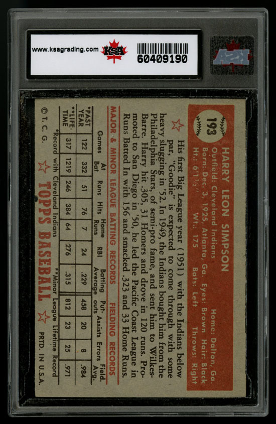 1952 TOPPS ~ #193 ~ HARRY "GOODIE" SIMPSON ~ ROOKIE ~ CLEVELAND INDIANS ...