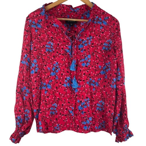 Saloni Blouse Long Sleeve Boho Peasant Sheer Floral Tie Neck Top Ali Sz ...