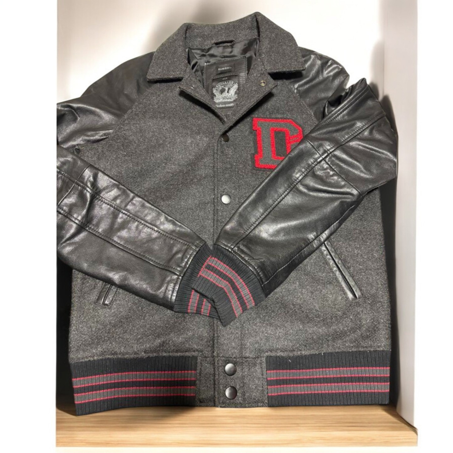 Diesel Stadium Wool Leather Varsity Jacket Gray Black… - Gem