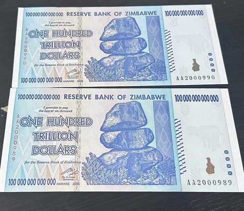 2x Zimbabwe 100 Trillion Dollar Notes – UNC - Consecutive Serial ...