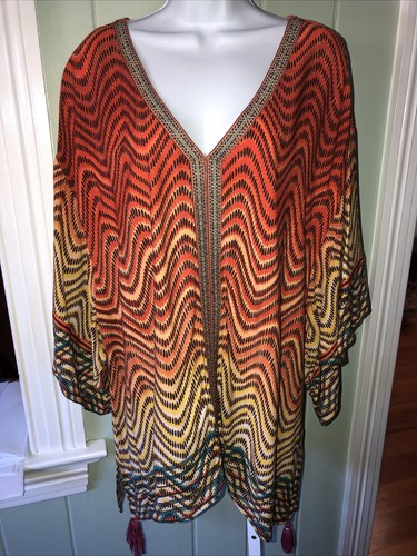 DEMOCRACY Tunic Womens Orange Wavy Geometric Lightweight Tassel Boho ...