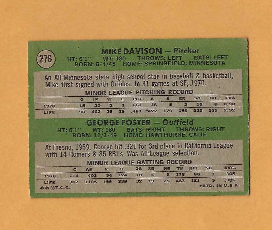 1971 TOPPS BASEBALL #276 ROOKIE STARS GIANTS, GEORGE FOSTER/MIKE ...