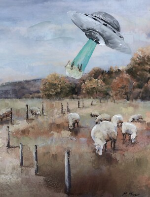 UFO Abducting Sheep Aliens upcycled thrift store painting art print ...