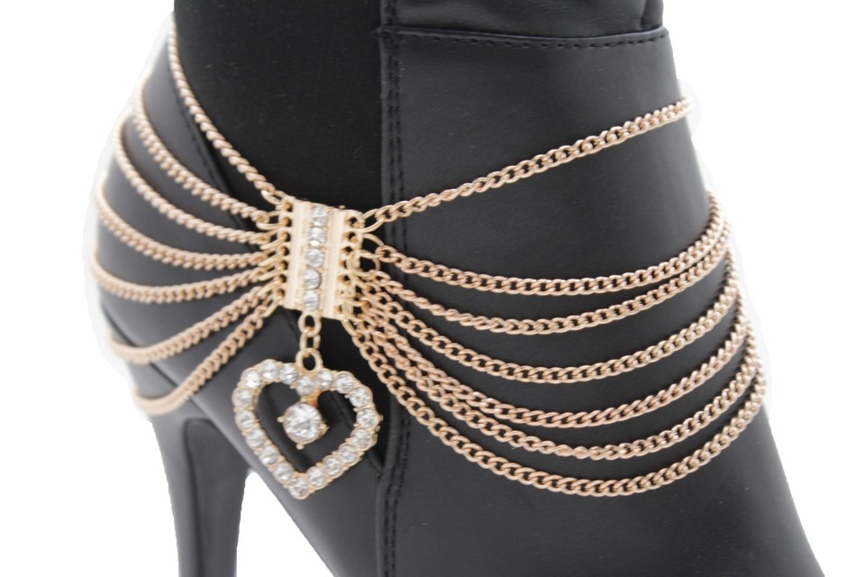 Women Gold Metal Chain Boot Bracelet Shoe Anklet Bling Heart Charm ...