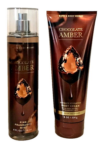 CHOCOLATE AMBER FRAGRANCE MIST + BODY CREAM 2 PC GIFT WRAP SET BATH ...