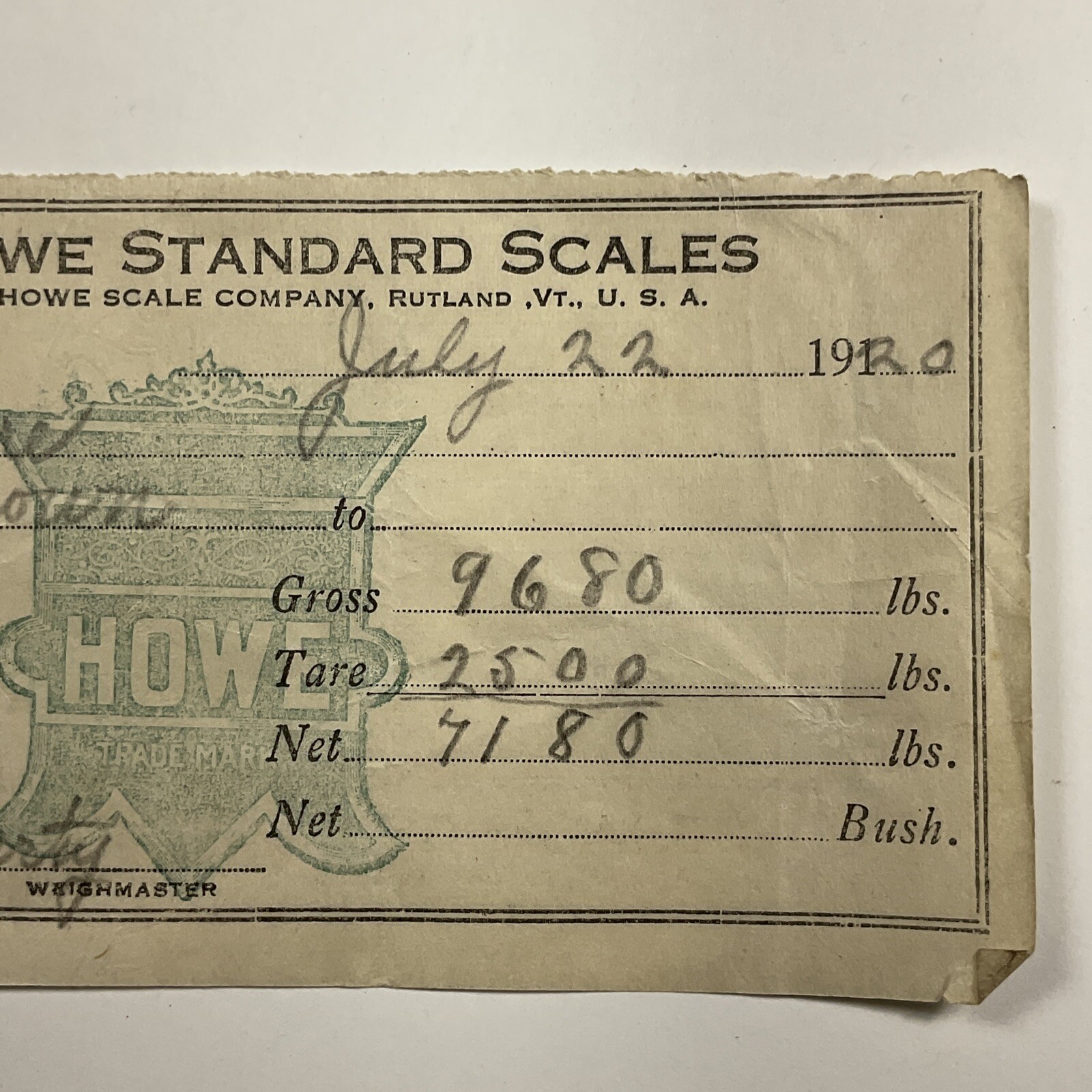1920 Rutland, Vermont Howe Standard Scales Vintage Receipt Ephemera | eBay