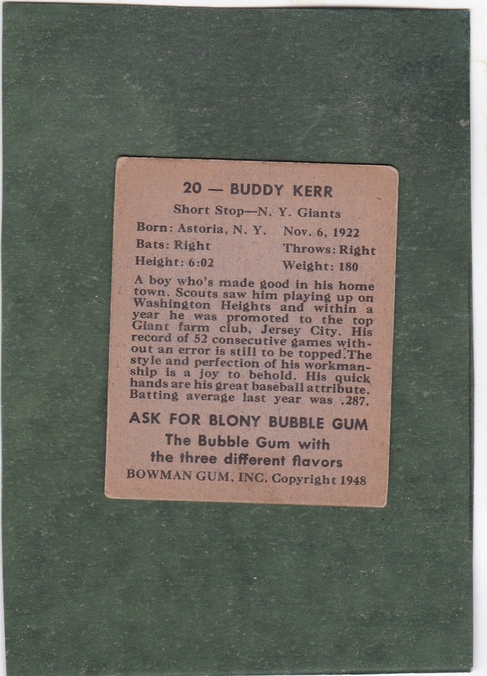 *1948 BOWMAN #20 BUDDY KERR, GIANTS RC wonderful | eBay