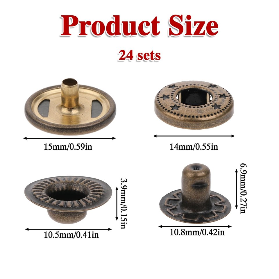 24 Sets Heavy Duty Leather Snap Fasteners Kit Snaps Antique Brass Plate ...